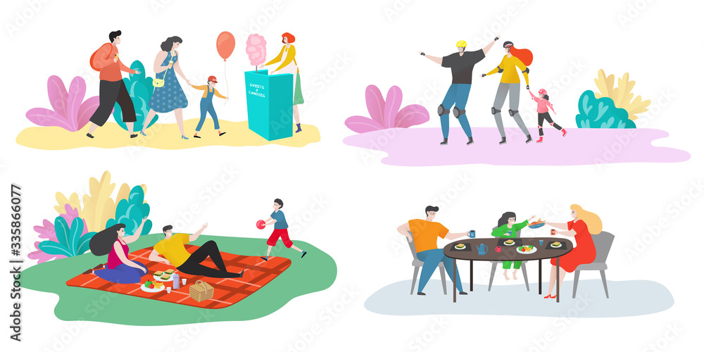 Family time vector illustration set. Cartoon flat happy family ...