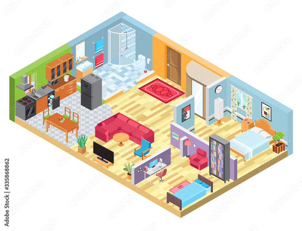 Isometric apartment layout, room interior in modern house, indoor plan ...