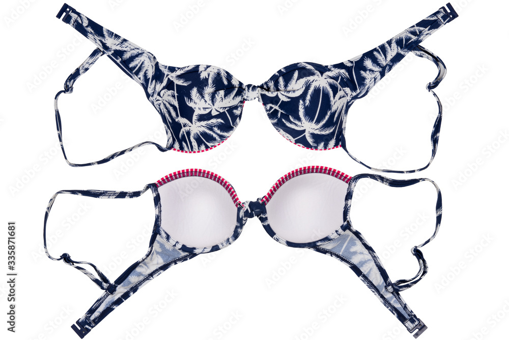 Swimsuits isolated. Close-up of a elegant female sexy blue bekini top ...