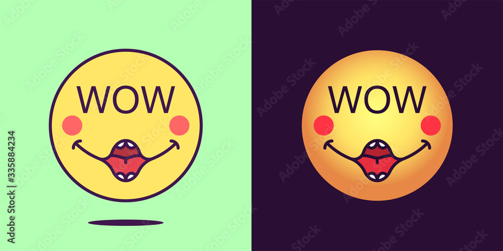 Emoji face icon with phrase Wow. Enthusiastic emoticon with text Wow ...