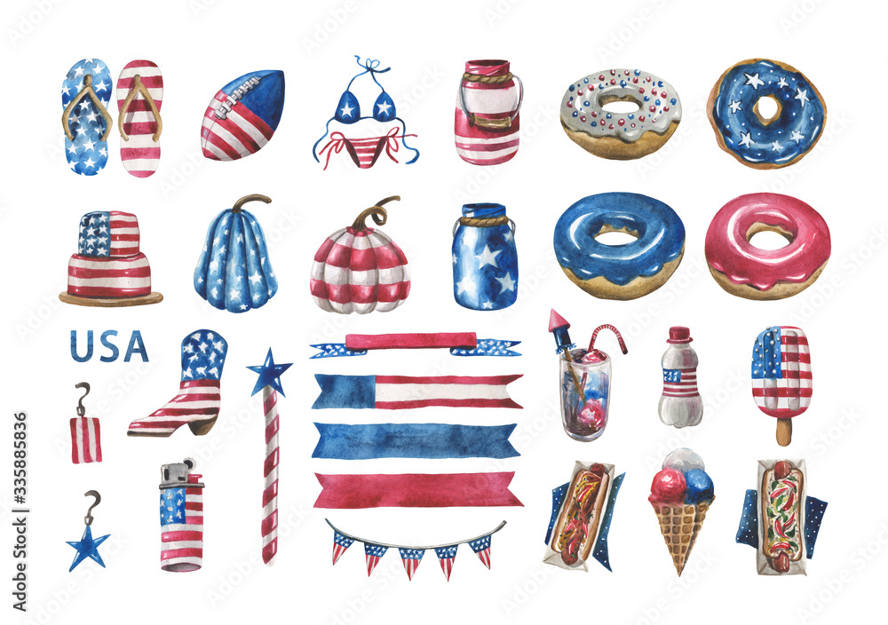 Large watercolor patriotic set in the colors of the USA flag. To create ...