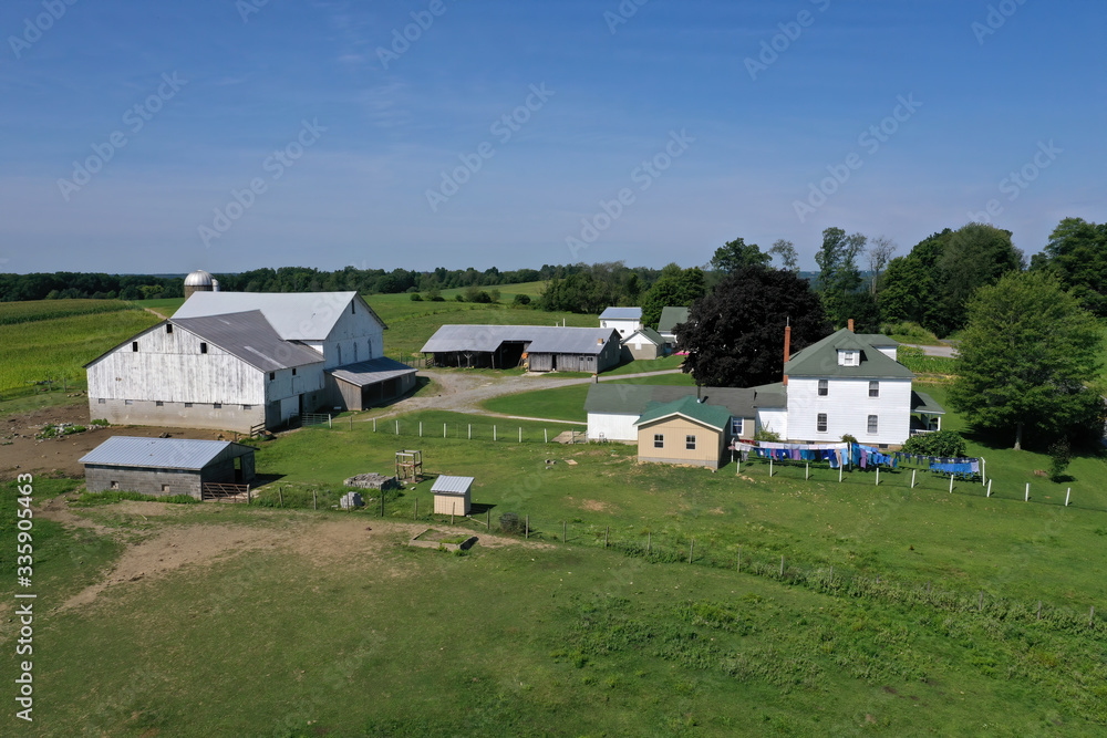 Aerial Ohio Amish countryside farm barn laundry. Settled late 1700's as ...