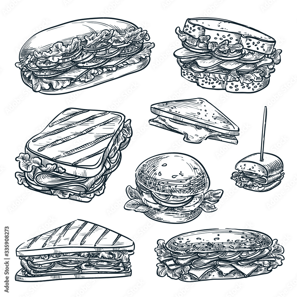 Sandwiches isolated set. Fast food snacks vector sketch illustration ...