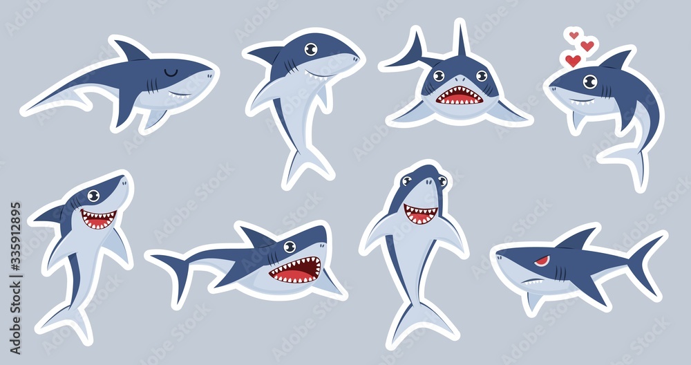 Ocean shark mascot. Happy sharks, scary jaws and underwater swimming ...