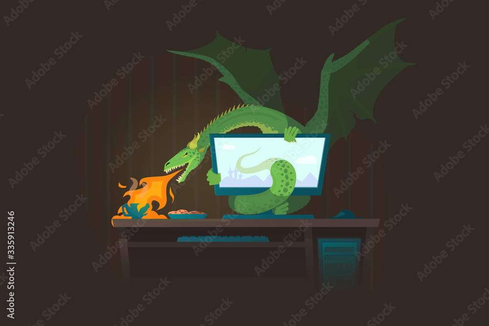 Green dragon vector illustration. Fantasy scene with a dragon bursting ...