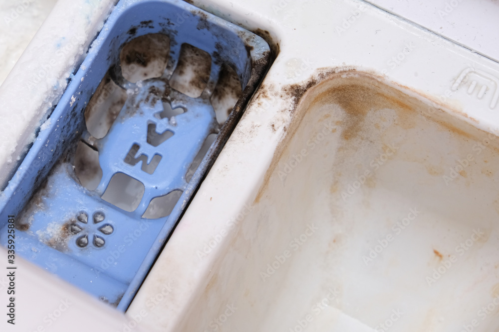 Dirty moldy washing machine detergent and fabric conditioner dispenser ...