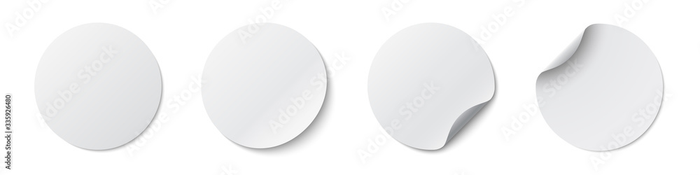 Circle adhesive symbols. White tags, paper round stickers with peeling ...