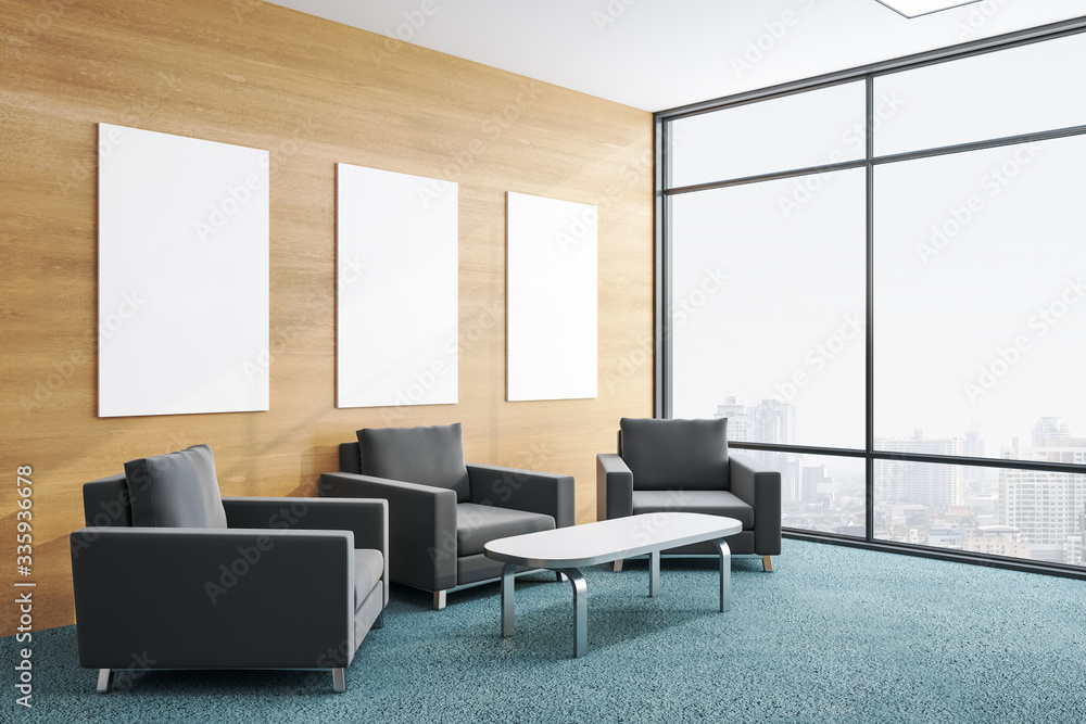 Waiting room with three chairs and blank banners ภาพถ่ายสต็อก | Adobe Stock