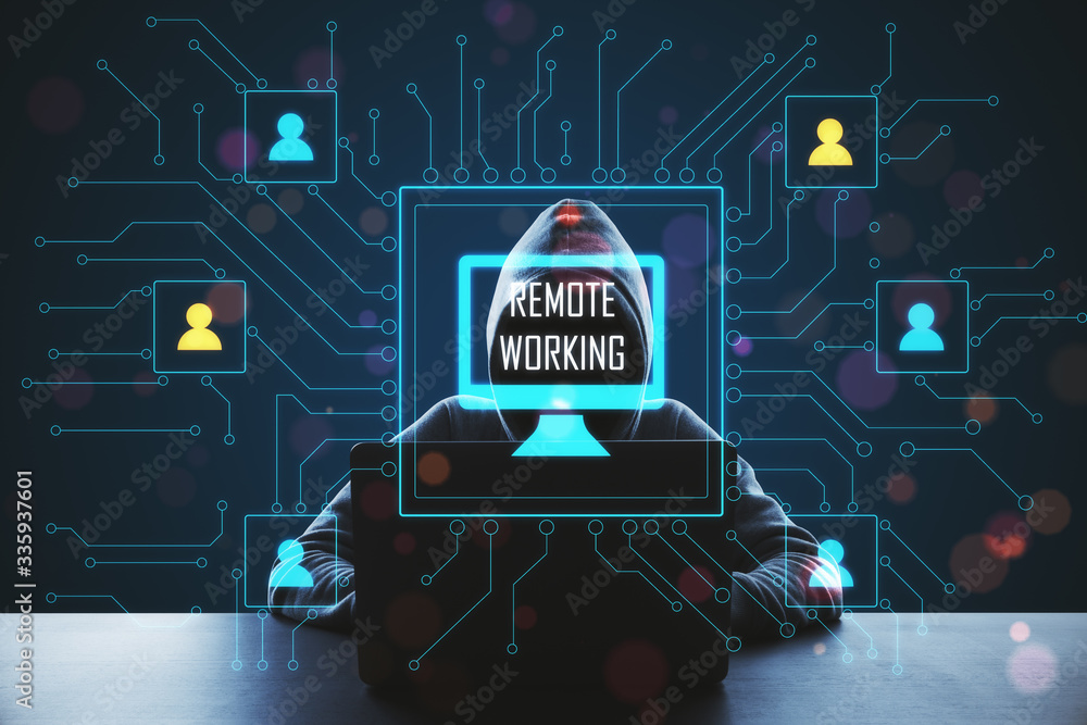 Hacker using laptop with glowing remote work interface. Stock Photo ...