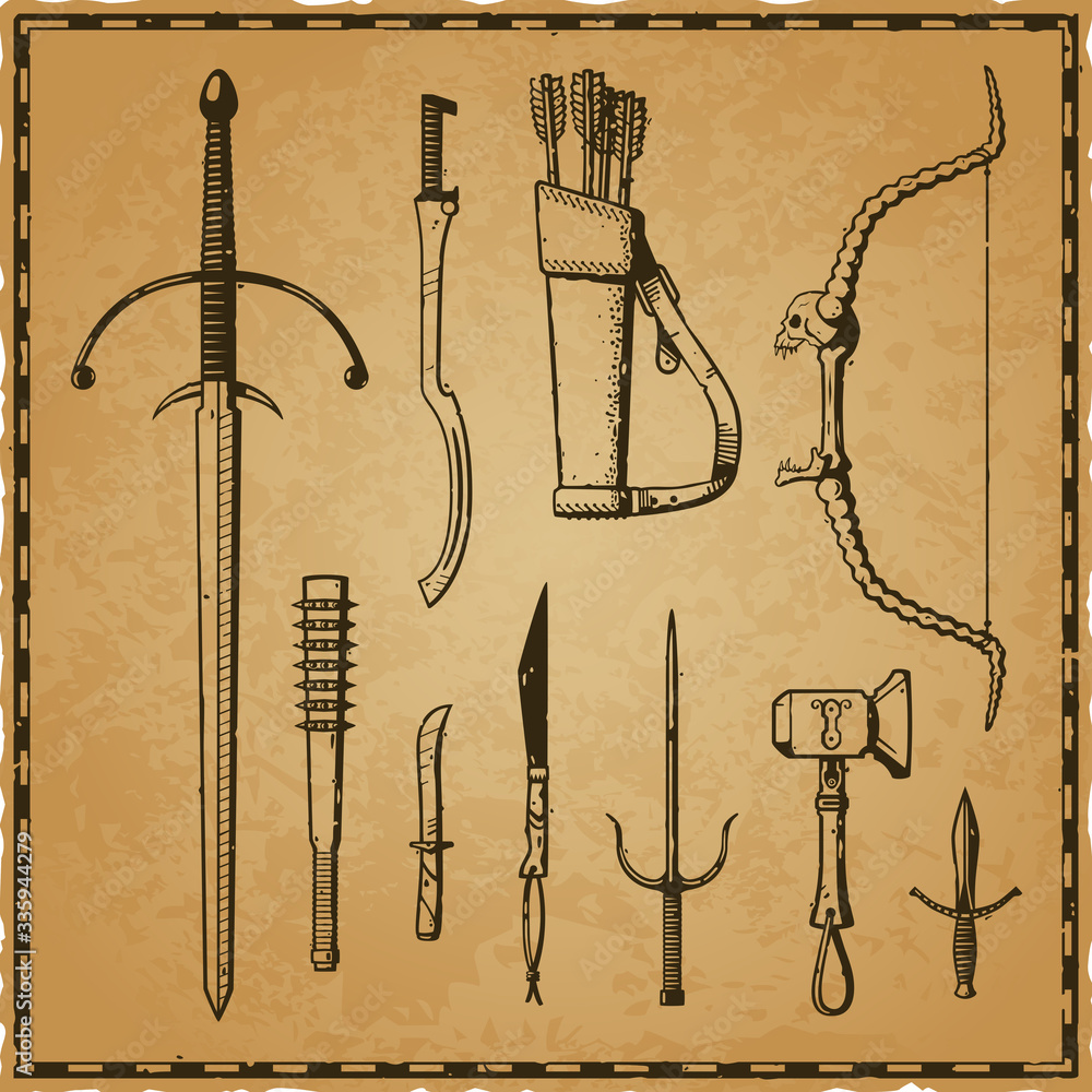Vector set of ink medieval weapons on a parchment background with a ...