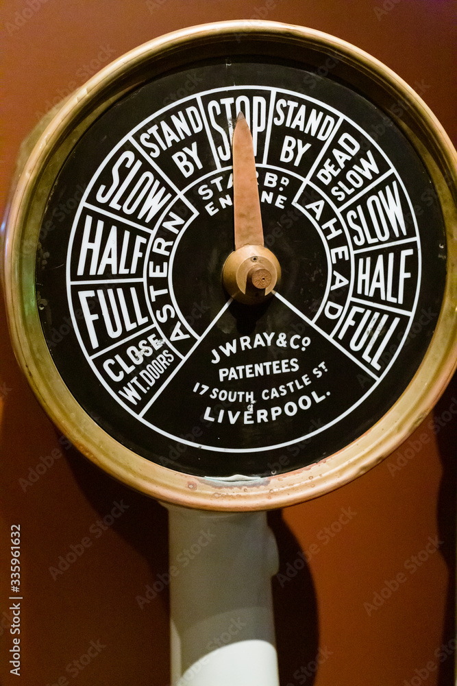 Reproduction of Titanic's engine telegraph wide shot Stock Photo ...
