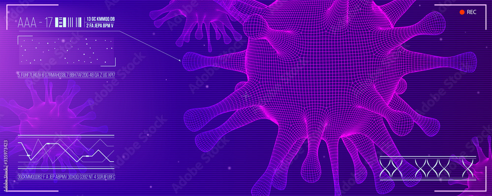 Close up view of virus cells research. HUD screen. UI of microscope ...