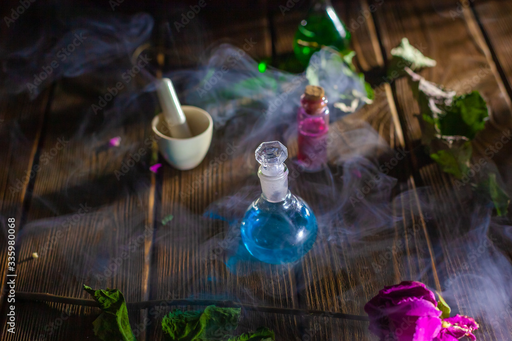 Witchcraft. Witch doctor desk table. Magic potion. ALternative medicine ...