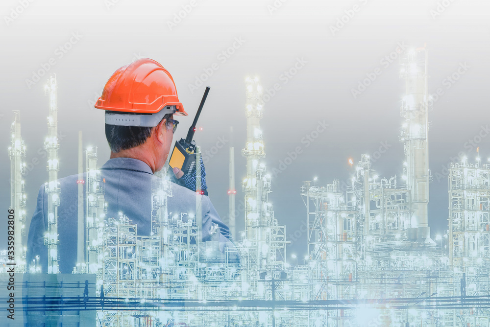 Double exposure Worker in Oil Refinery discussion for operation hand ...