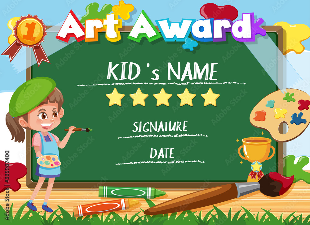 Certificate template for art award with kid painting in background ...