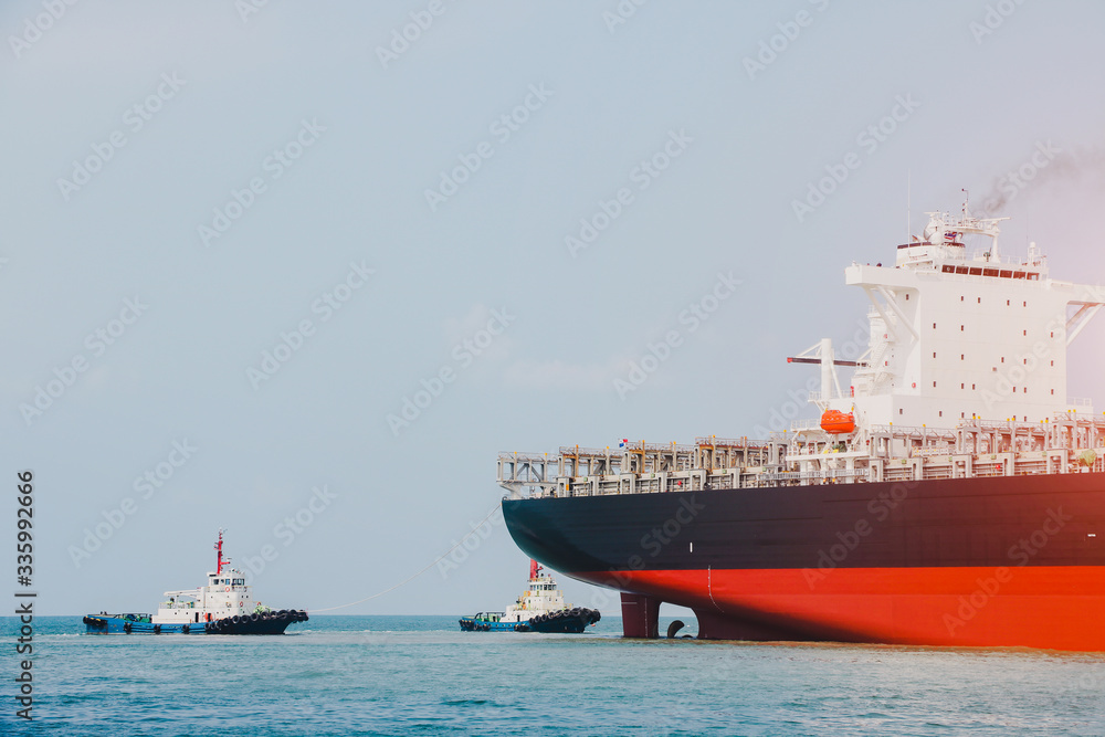 Stern Cargo container ship in the sea during go on dock by two tugboat ...