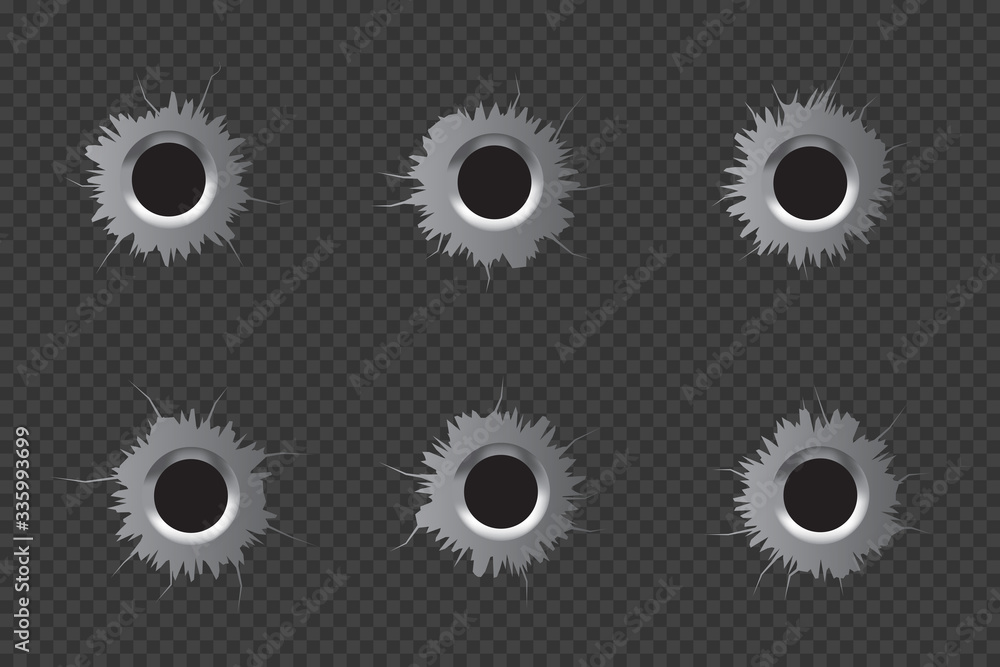 Realistic Bullet holes Set. Isolated on transparent background. Vector ...