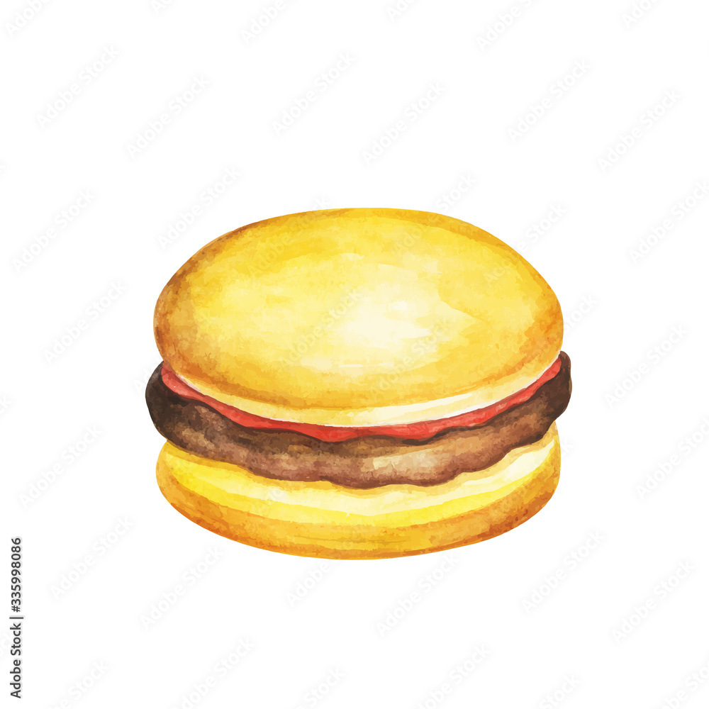 Burger watercolor. Fast food meal on watercolor illustration. Painting ...