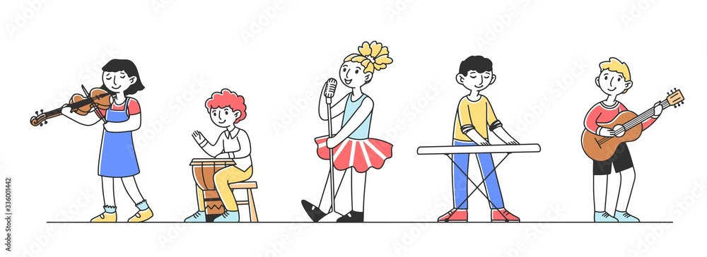 Cute children at school music festival flat vector illustration ...