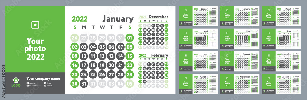 2022 calendar. New year wall planner design. English calender. Green ...