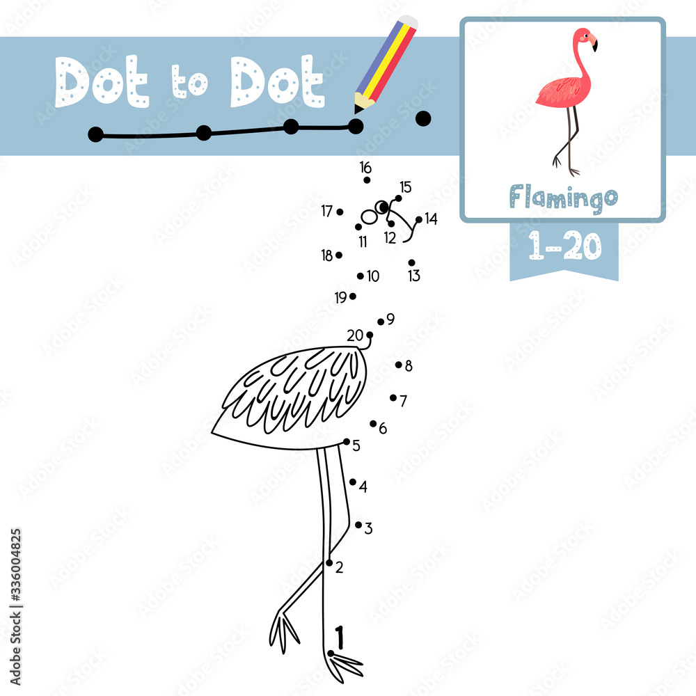 Dot to dot educational game and Coloring book Standing Flamingo animal ...