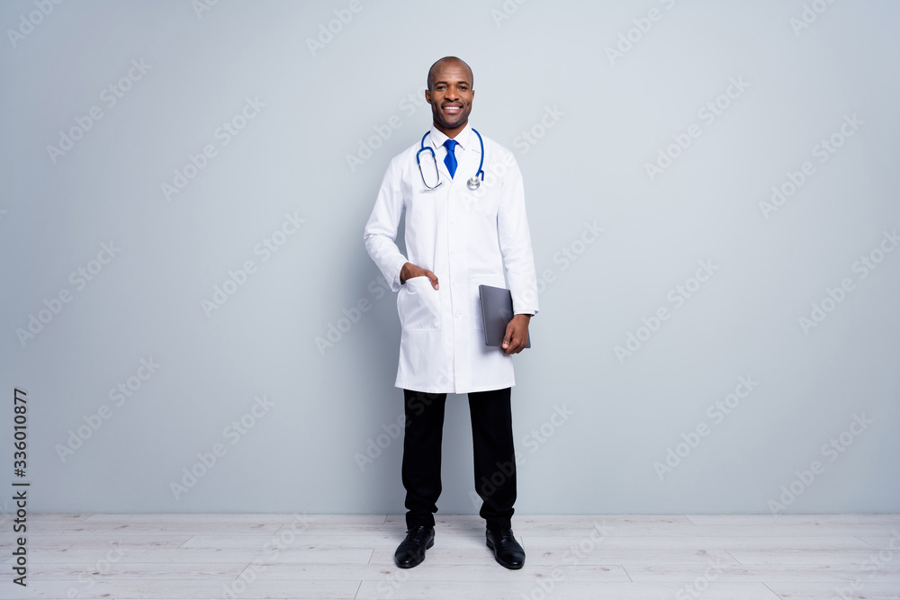 Full length photo of doctor intern dark skin guy good mood friendly ...