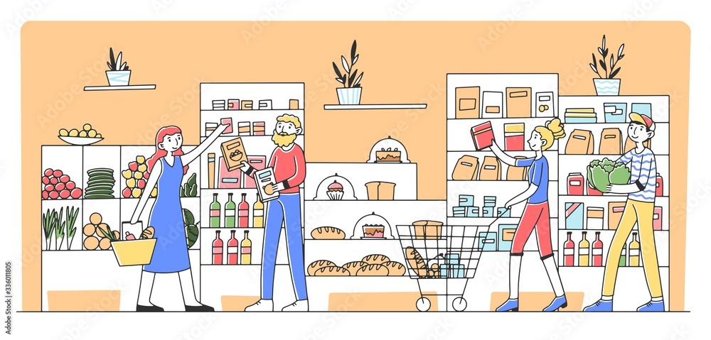 Cartoon people buying products at grocery store flat vector ...