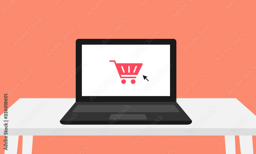 Black laptop with red checkout shopping cart on screen and mouse cursor ...