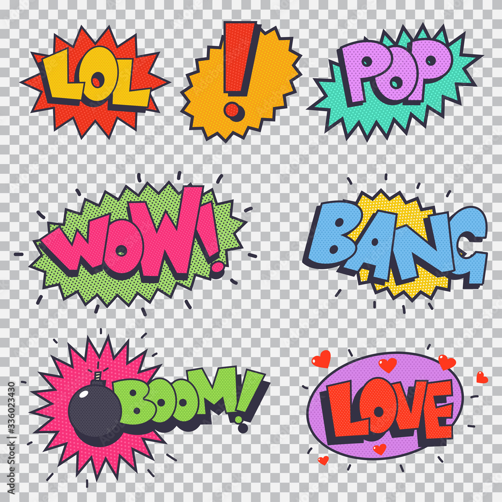 Comic sound effect vector cartoon set isolated on a transparent ...