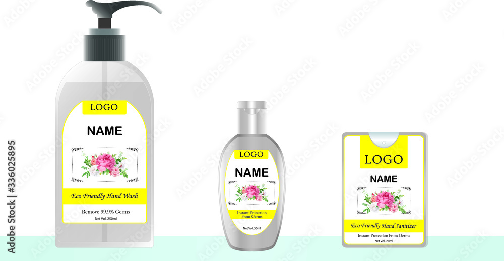 liquid soap and pocket hand sanitizer with label design ready for mock ...