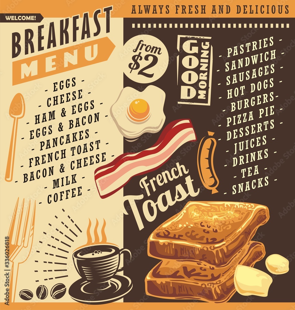 Breakfast menu, restaurant menu design with price lists and food ...