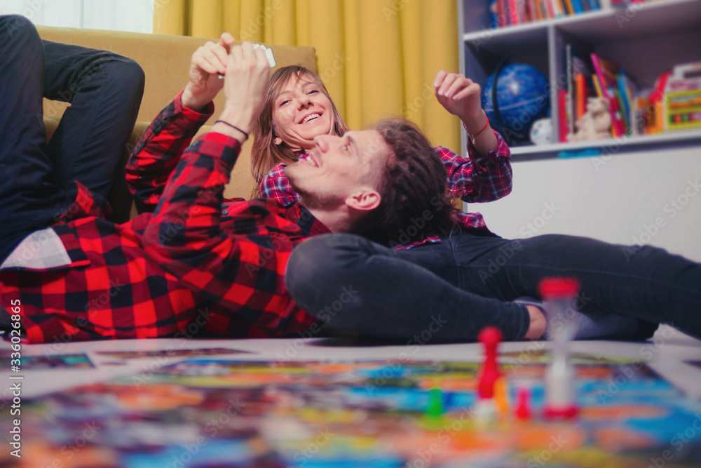 Board game concept- friends spend time together. Board game field ...