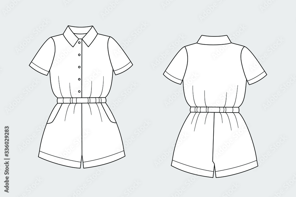 Female jumpsuit shorts vector template isolated on a grey background ...