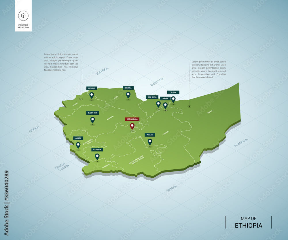 Stylized map of Ethiopia. Isometric 3D green map with cities, borders ...