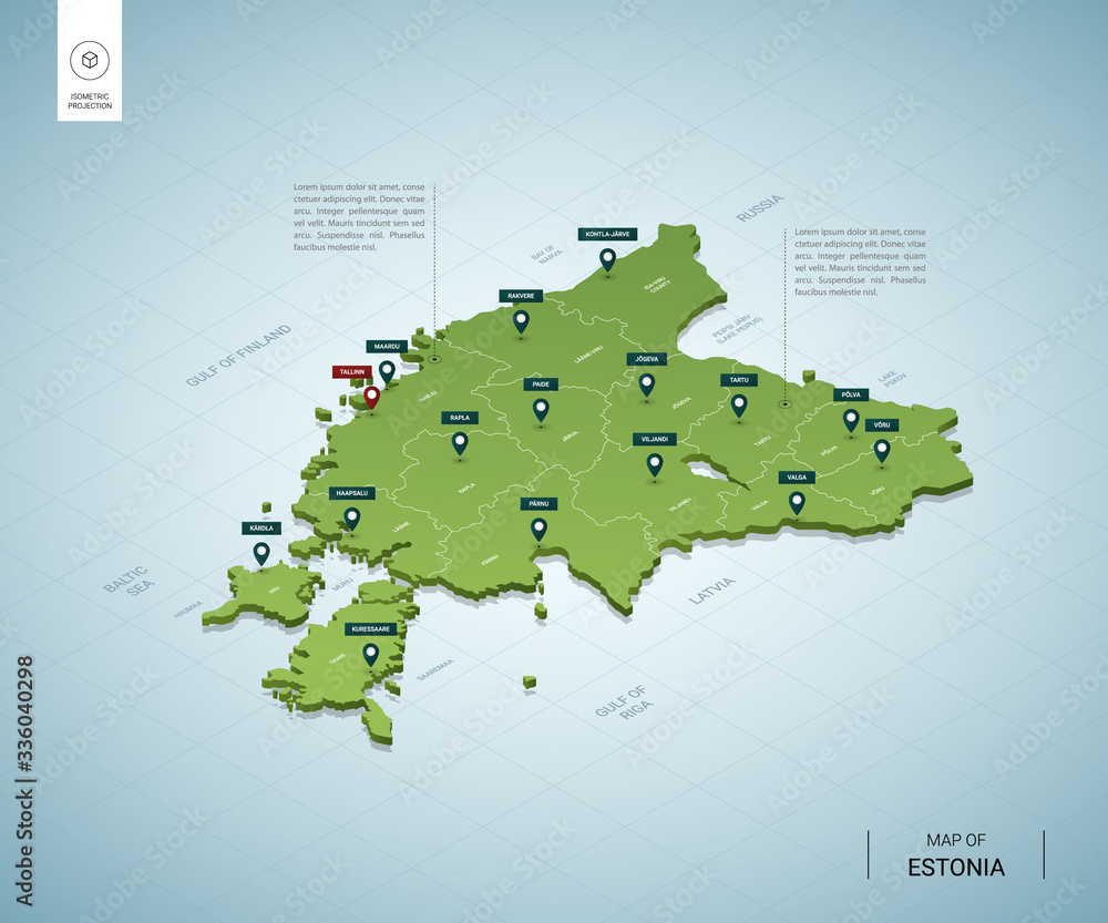 Stylized map of Estonia. Isometric 3D green map with cities, borders ...