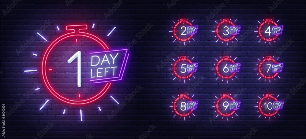 Neon sign countdown days to event on brick wall background. Number of ...