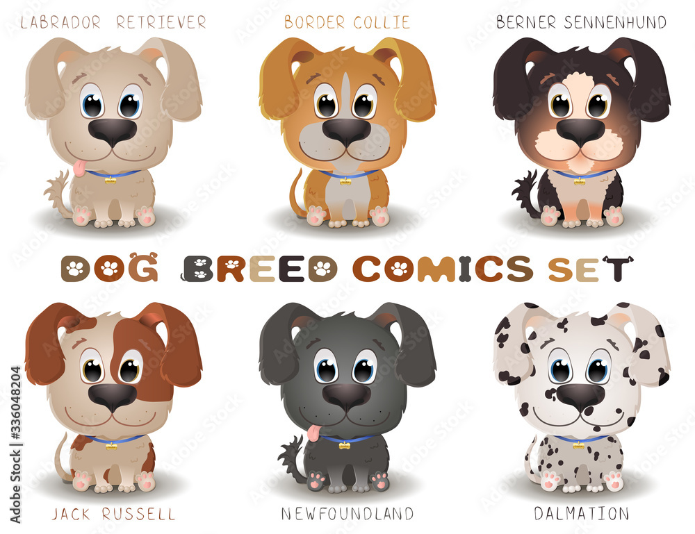 Vector set with cute dogs breeds in cartoon style. Game UI Flat. Little ...