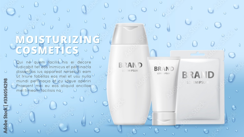 Moisturizing cosmetics. Cream tubes, mask patch and realistic water ...