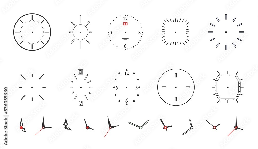 Clock faces. Modern wall watch face design. Isolated dials with needles ...
