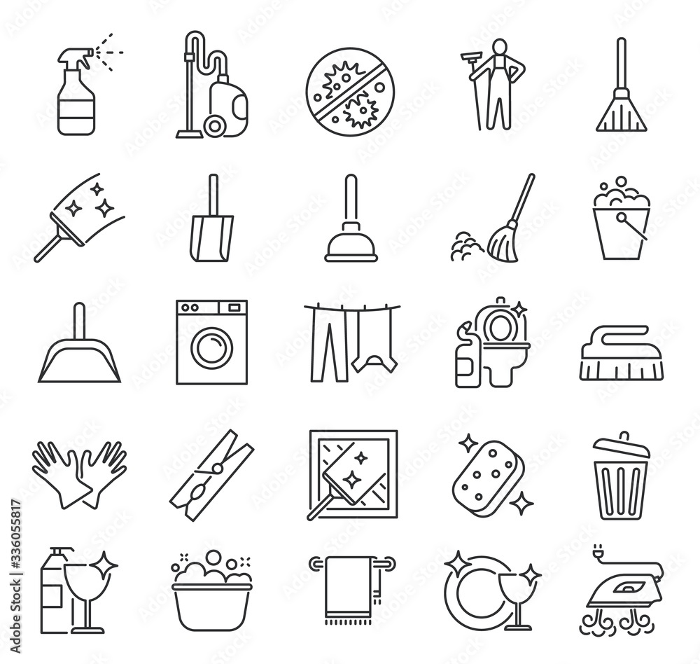 Cleaning service. Outline clean symbols, householding. Laundry ...