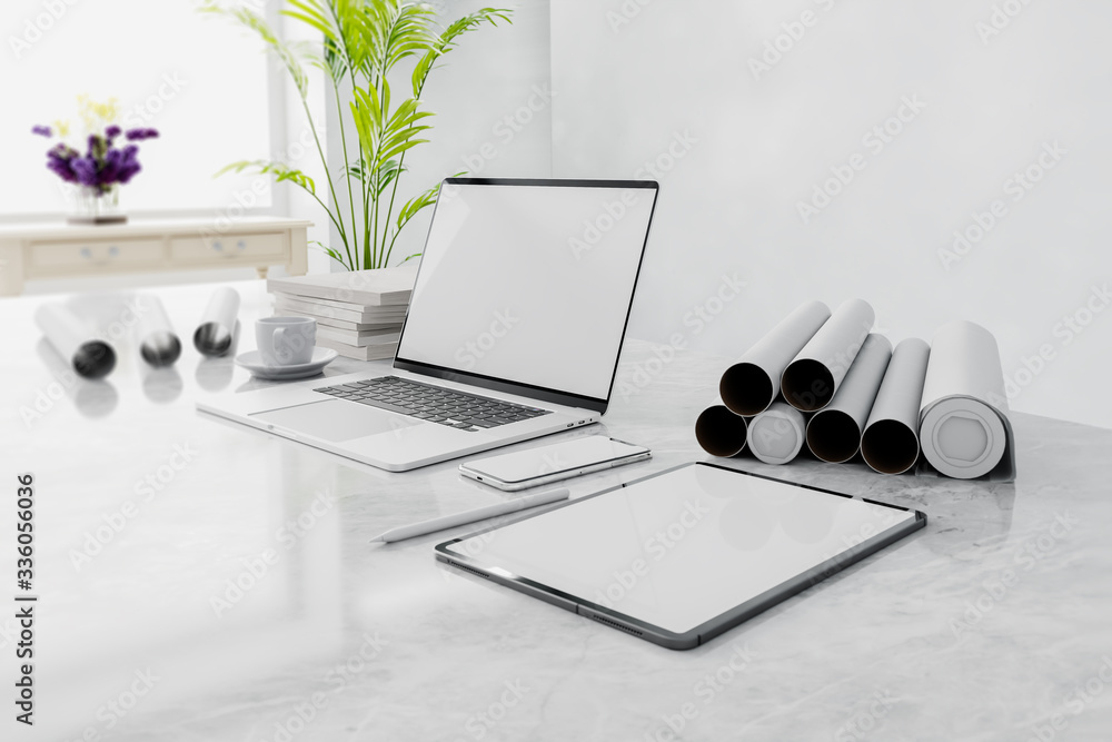 Laptop working from home ,Front view of workpark with blank laptop ...