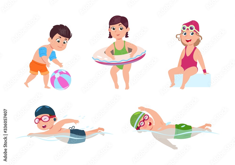 Swimming children. Happy kids, little beach girl. Sea or pool party ...