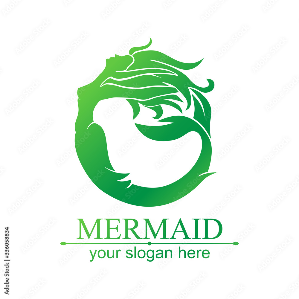 Mermaid logo. Brand template vector illustration. Siren and marine girl ...