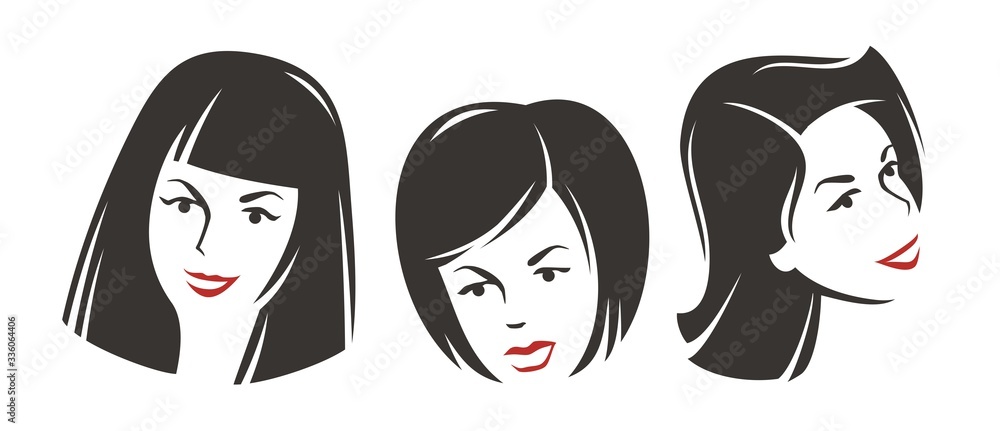 Girls portraits design elements set. Comic style beautiful woman head ...