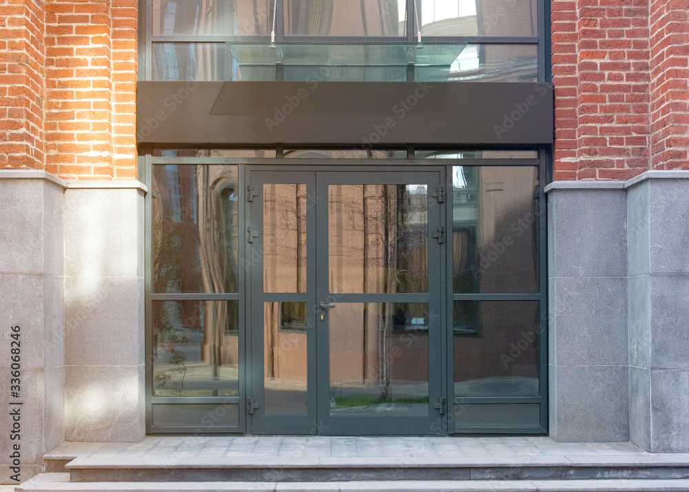 Blank black rectangular box store entrance mockup, glass brick wall ...