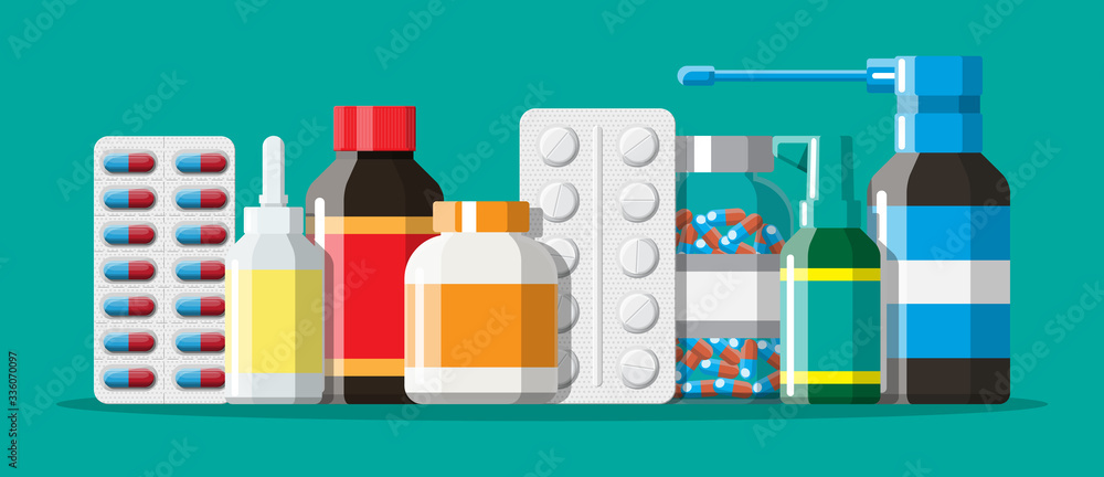 Medicine collection. Set of bottles, tablets, pills, capsules and ...