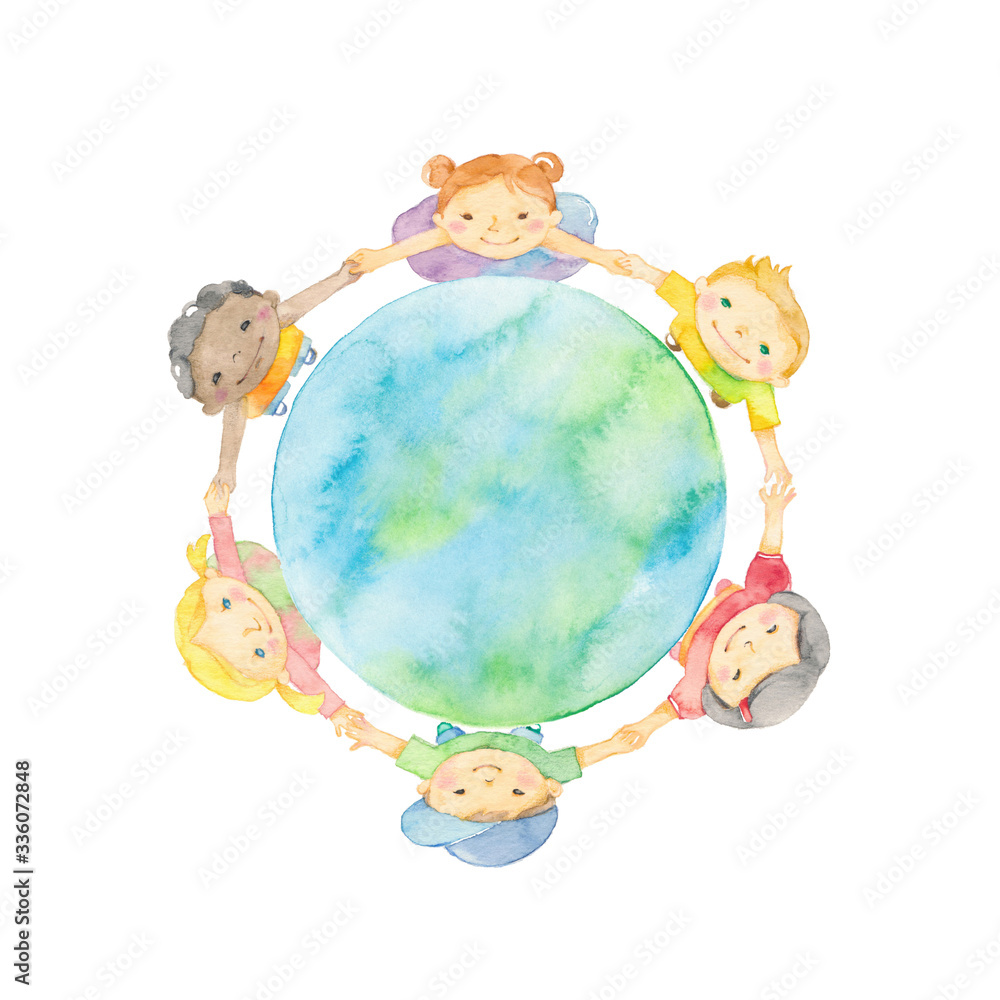 手を繋ぐ子どもたちと地球 Ilustração Do Stock Adobe Stock