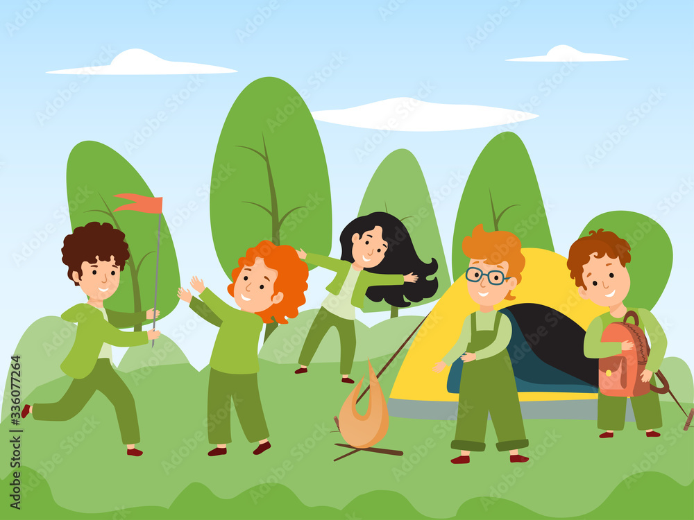Camp for children vector illustration. Child cartoon character on ...