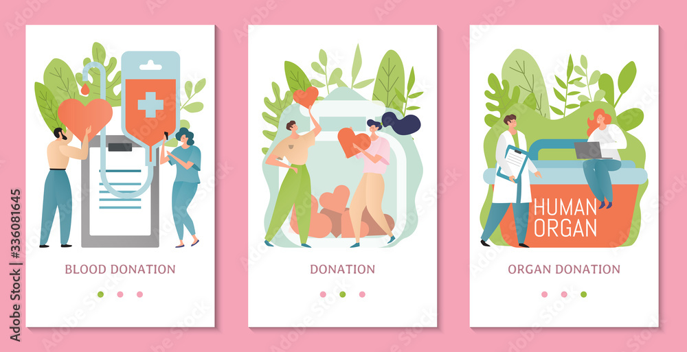 Donation banner card vector illustration. People donating blood, human ...