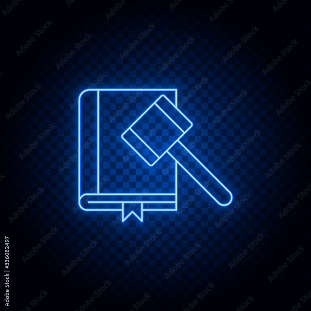 law, hammer, book blue neon vector icon. Blue and yellow neon vector ...